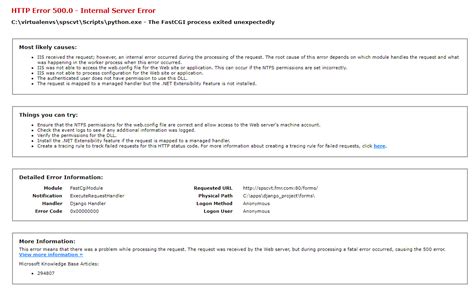 django iis web page returns server error 500 when i