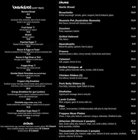 frappe cafe bar menu menu for frappe cafe bar crows nest sydney