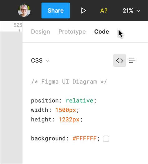 design prototype and view code in the properties panel figma