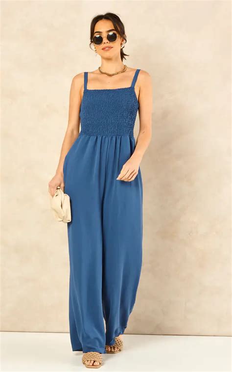 Elasticated Wide Leg Cami Jumpsuit In Navy Blue Jenerique Silkfred Us