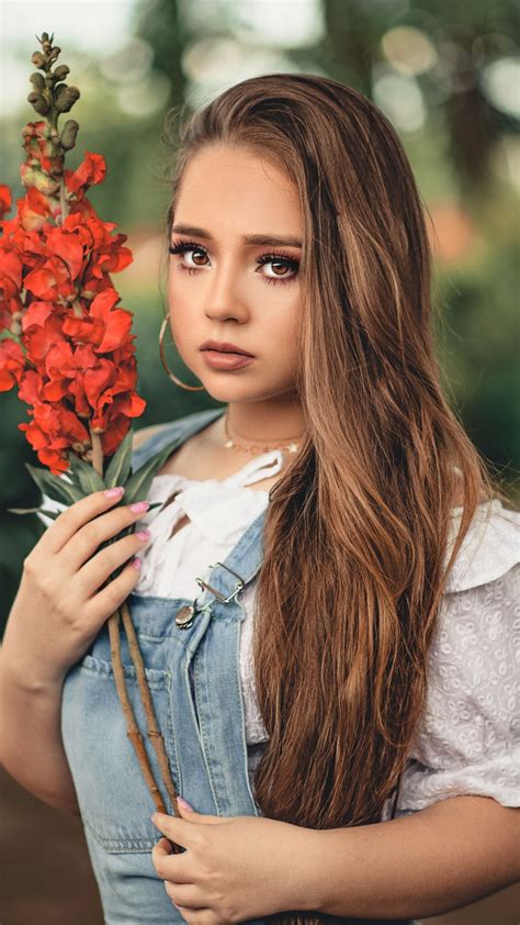 Download Wallpaper Look Girl Flowers Nature Blouse Brown Hair
