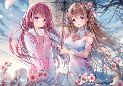 2girls Blush Braids Breasts Brown Hair Building Chinese Clothes Chinese