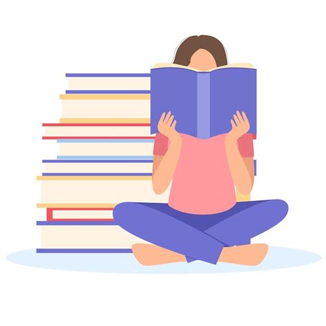 Premium Vector Girl Sitting And Reading A Book Woman With Stack
