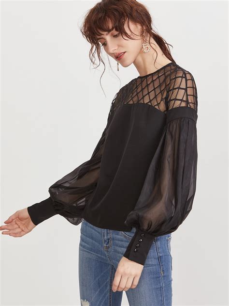 Black Grid Mesh Shoulder Bishop Sleeve Top Shein Sheinside