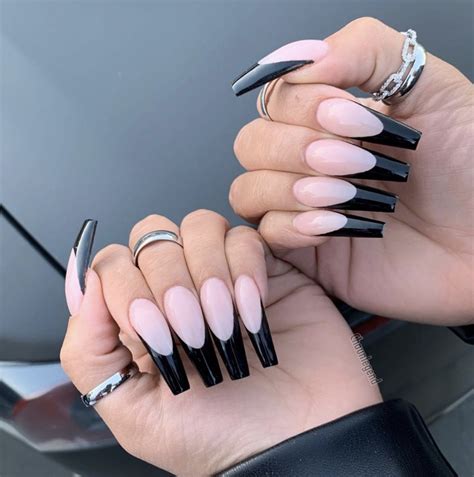 Black Deep U Tip French Tip Acrylic Nails Long Acrylic Nails Coffin