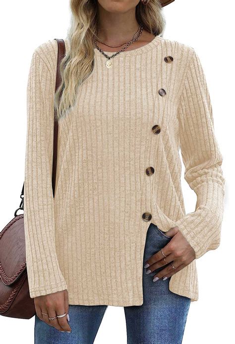 Fantaslook Blouses For Women Long Sleeve Crew Neck Tunic Tops Buttons