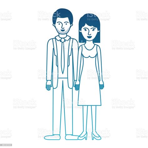Couple In Degraded Blue Silhouette And Him With Suit And Tie And Pants