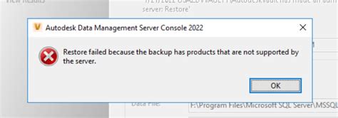 restore failed because the backup has products that are not supported