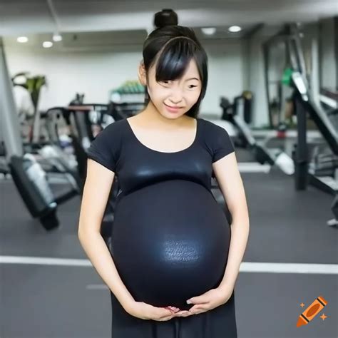 Pregnant Japanese Woman In Dark Leotard At The Gym On Craiyon