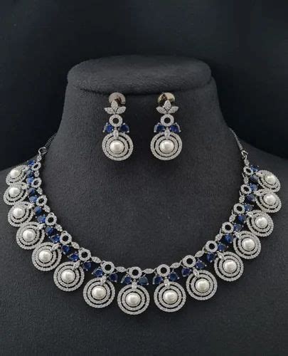 Brass American Diamond Faux Pearl Designer Ad Necklace Size Free At