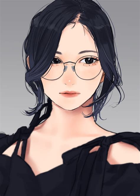 Safebooru 1girl Bare Shoulders Black Framed Eyewear Black Eyes Black