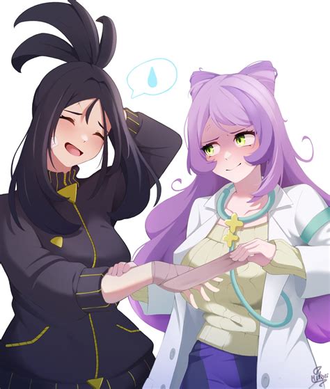 Safebooru 2girls Anger Vein Applying Bandages Arm Behind Head