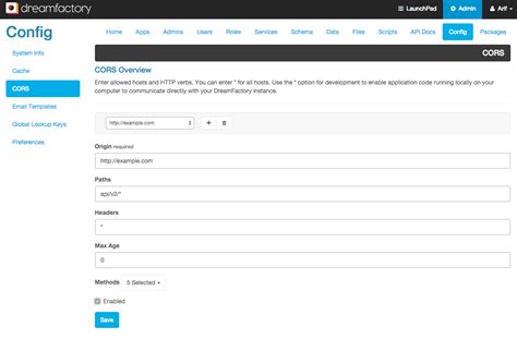enabling cors access dreamfactory