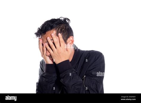 Embarrassed Man Covering His Face With His Hands White Background Man