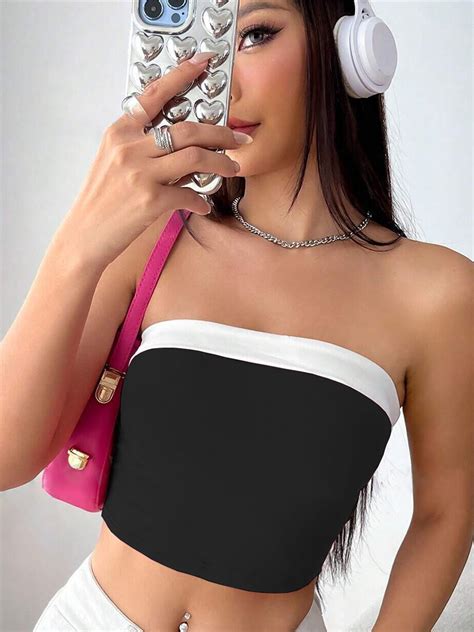 Buy Rare Black And White Colourblocked Tube Crop Top Tops For Women