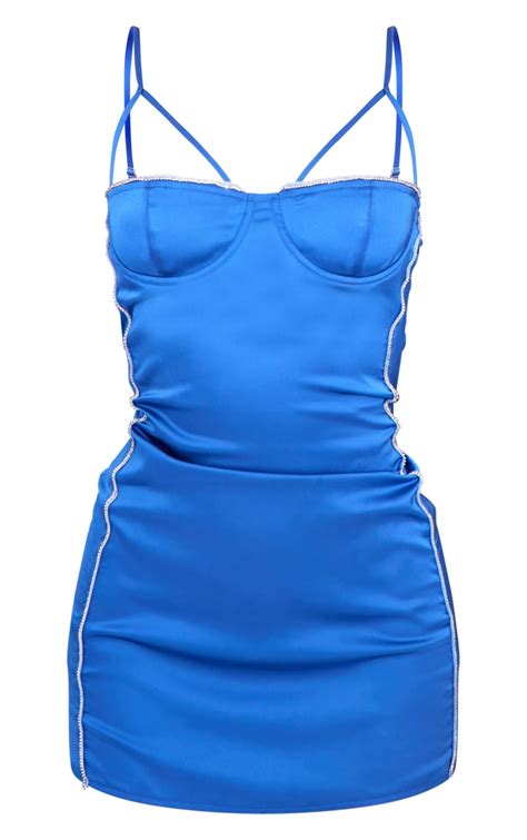 Cobalt Diamante Trim Underwire Satin Bodycon Dress Dresses