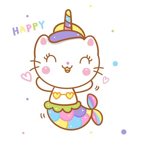 Cute Cat Unicorn Say Mermaid Cartoon Happy Emotion Vector Premium