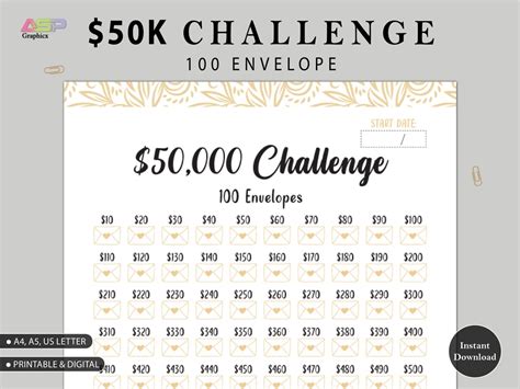 50k 100 Envelope Challenge Printable 50 000 Saving Tracker 50k