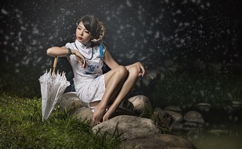 Wallpaper Women Model Asian Sitting Umbrella Person Romance