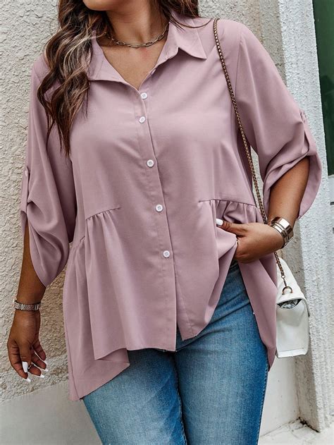 Shein Lune Plus Roll Tab Sleeve Ruffle Hem Shirt Shein Usa
