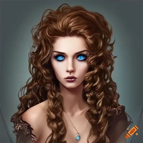 Woman With Long Curly Brown Hair And Dark Blue Eyes On Craiyon