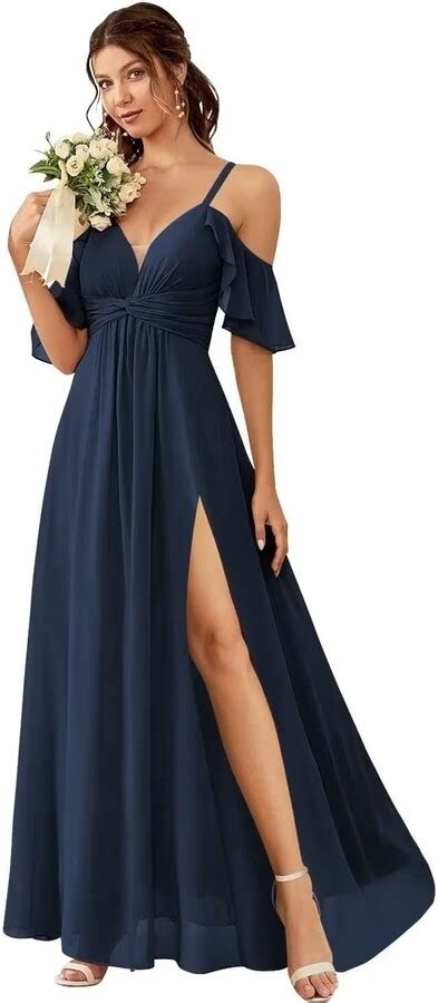 Dumoo Womens Navy Blue Cold Shoulder Chiffon Bridesmaids Dresses V