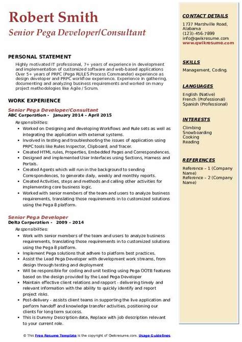 senior pega developer resume samples qwikresume