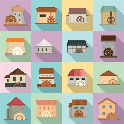 Water Mill Icons Set Flat Style 8840509 Vector Art At Vecteezy