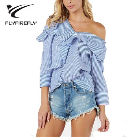 2018new Sexy Cold Shoulder Women Blouses Fashion V Neck White Striped