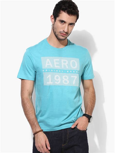 Buy Aqua Blue Printed Regular Fit Round Neck T Shirt Tshirts For Men
