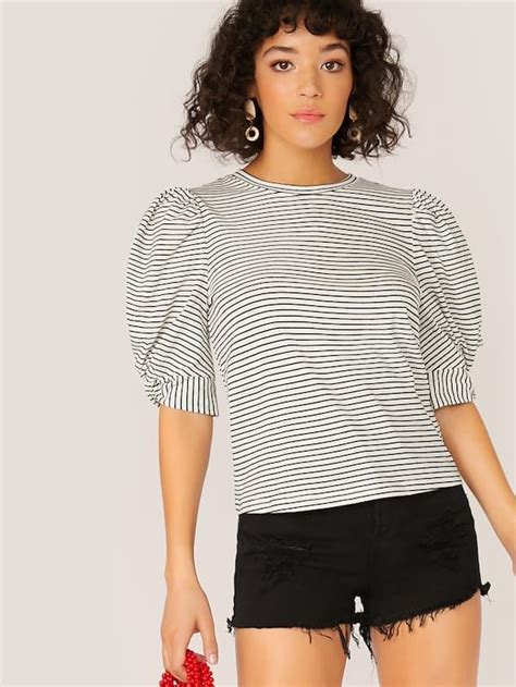 Shein Twist Detail Puff Sleeve Striped Top Striped Top Tops Striped