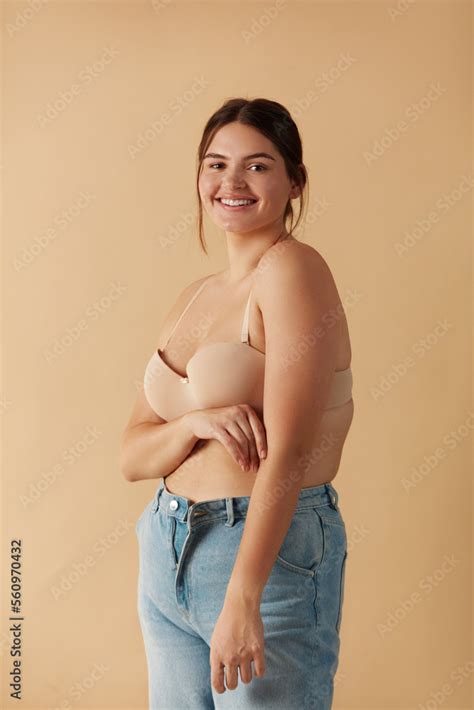 Overweight Woman Happy Plus Size Woman Posing In Beige Lingerie And