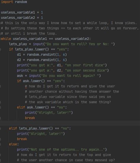 python dice rolling game stuck on code want to loop to