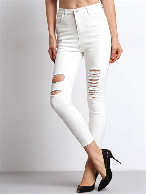 White Mid Waist Ripped Skinny Jeans Makemechic Com White Ripped