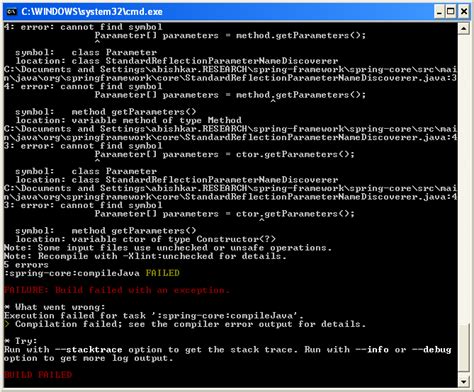 build failed using gradle for spring source files stack