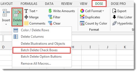 excel batch delete check boxes