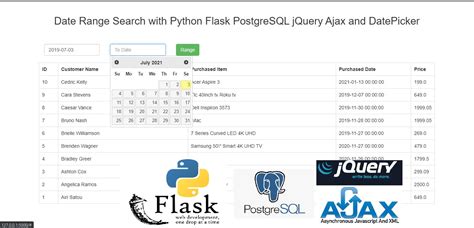 date range search with python flask postgresql jquery ajax and