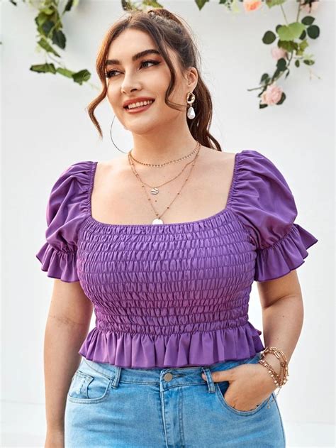 Plus Flounce Sleeve Shirred Peplum Blouse Stylish Plus Size Clothing