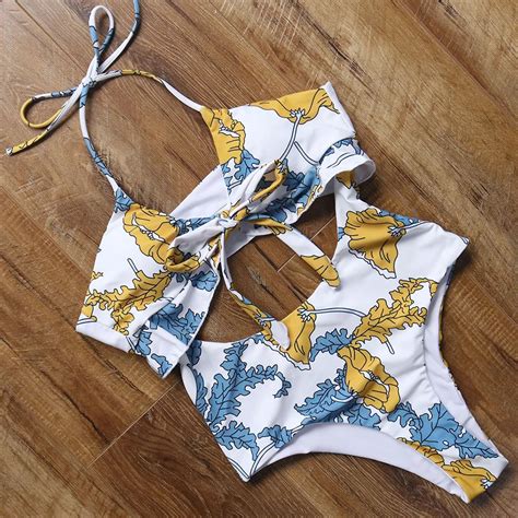 Sexy Ruffled One Piece Swimsuit Tie Knot Front Women Swimwear High