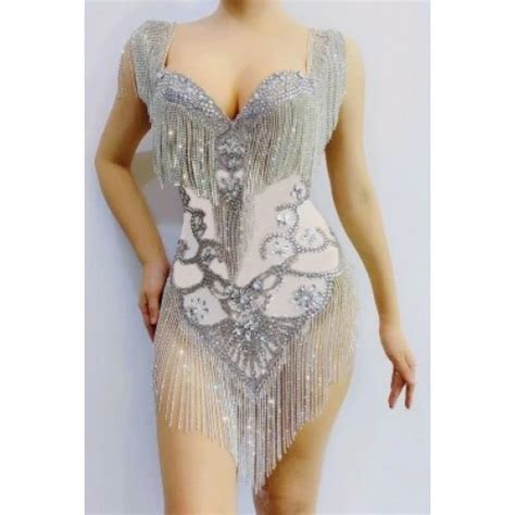 Rhinestones Fringes Mesh Sexy Bodysuit Women Birthday Celebrate Dress