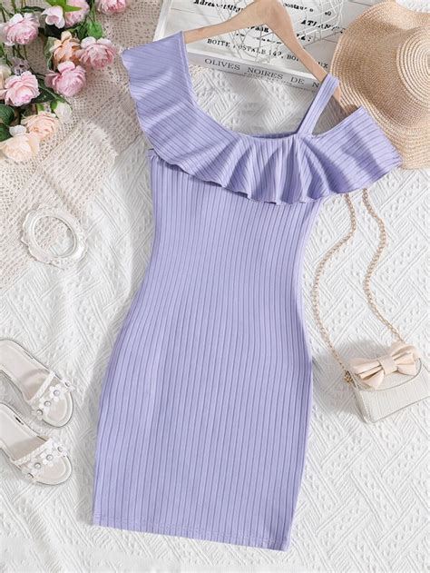 Teen Girls Asymmetrical Neck Ruffle Trim Rib Knit Dress Shein Usa
