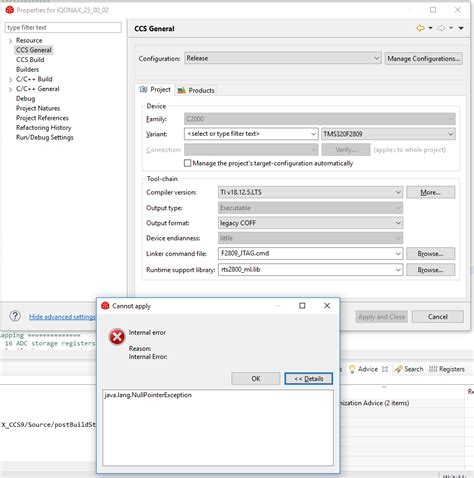 ccs tms320f2809 internal error while configuring the release build