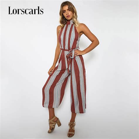 Lorscarls Striped Wide Leg Rompers Womens Jumpsuit Summer Sexy Beach