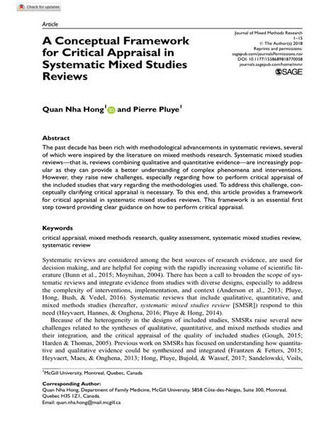 A Conceptual Framework For Critical Appraisal In Systematic Mixed