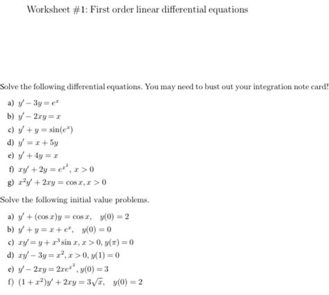 Solved Worksheet 1 First Order Linear Differential