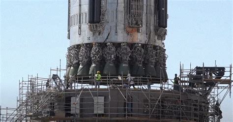 Spacex Lifts Massive Starship Booster Onto Launchpad