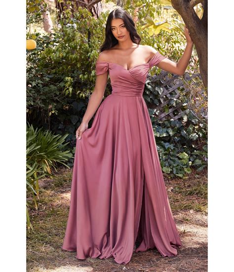 Cinderella Divine Mauve Rose Satin Off The Shoulder Bridesmaid Gown