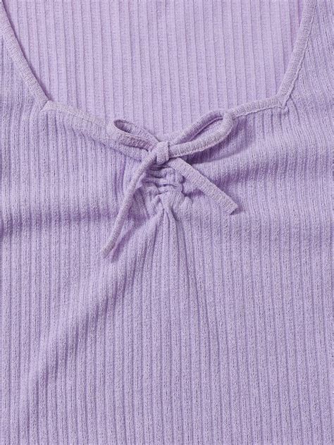 Shein Qutie Ruched Knot Front Lettuce Trim Rib Knit Top Shein Usa