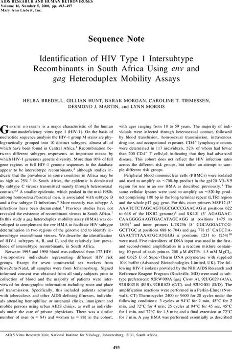 Identification Of Hiv Type 1 Intersubtype Recombinants In South Africa