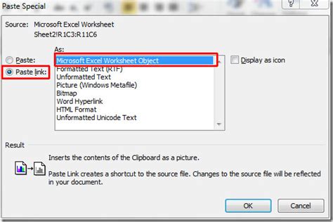 embed data sheet from excel 2010 to word document